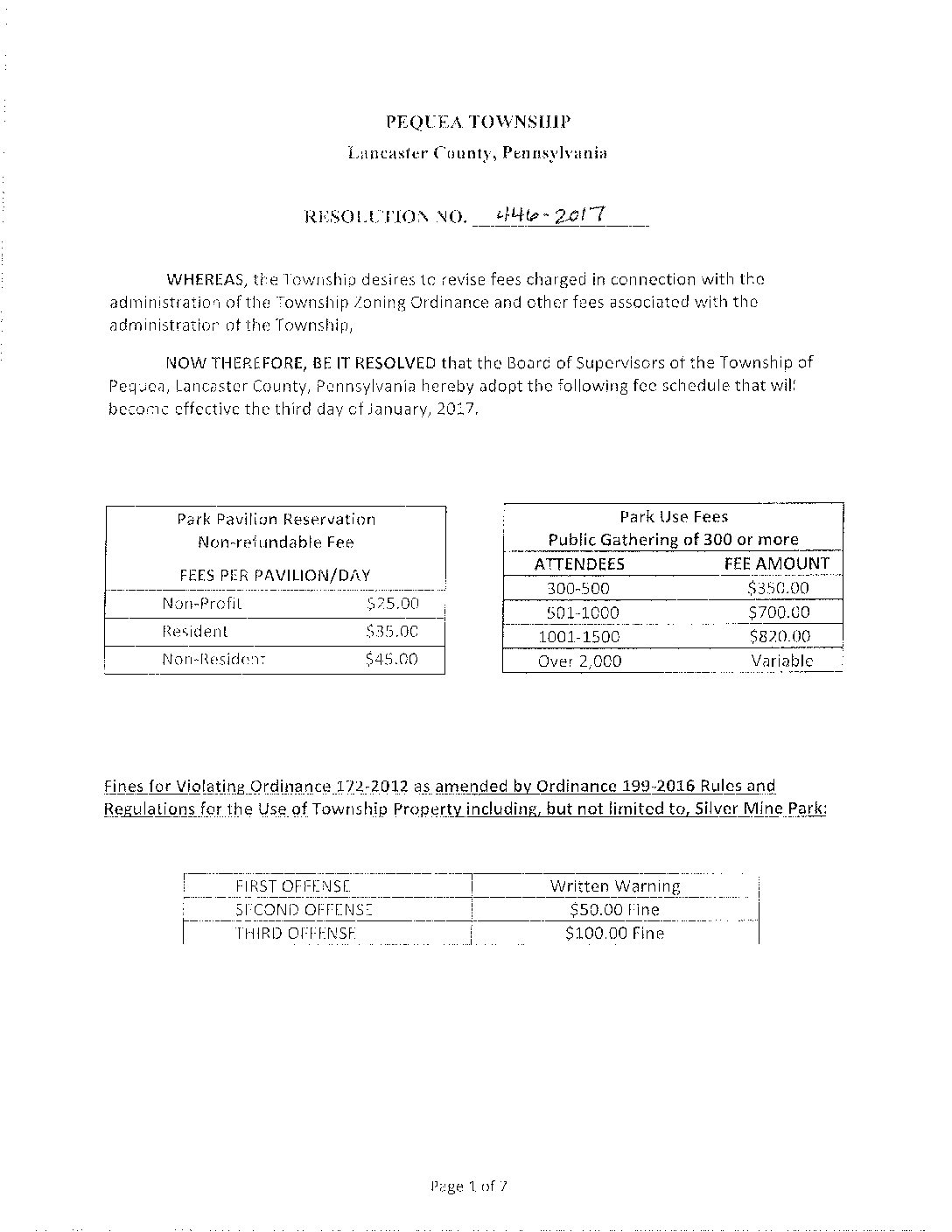 2017 Fee Resolution - Pequea Township