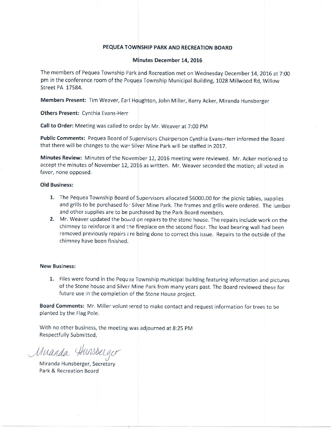 2016-12-14 PTPB Minutes - Pequea Township