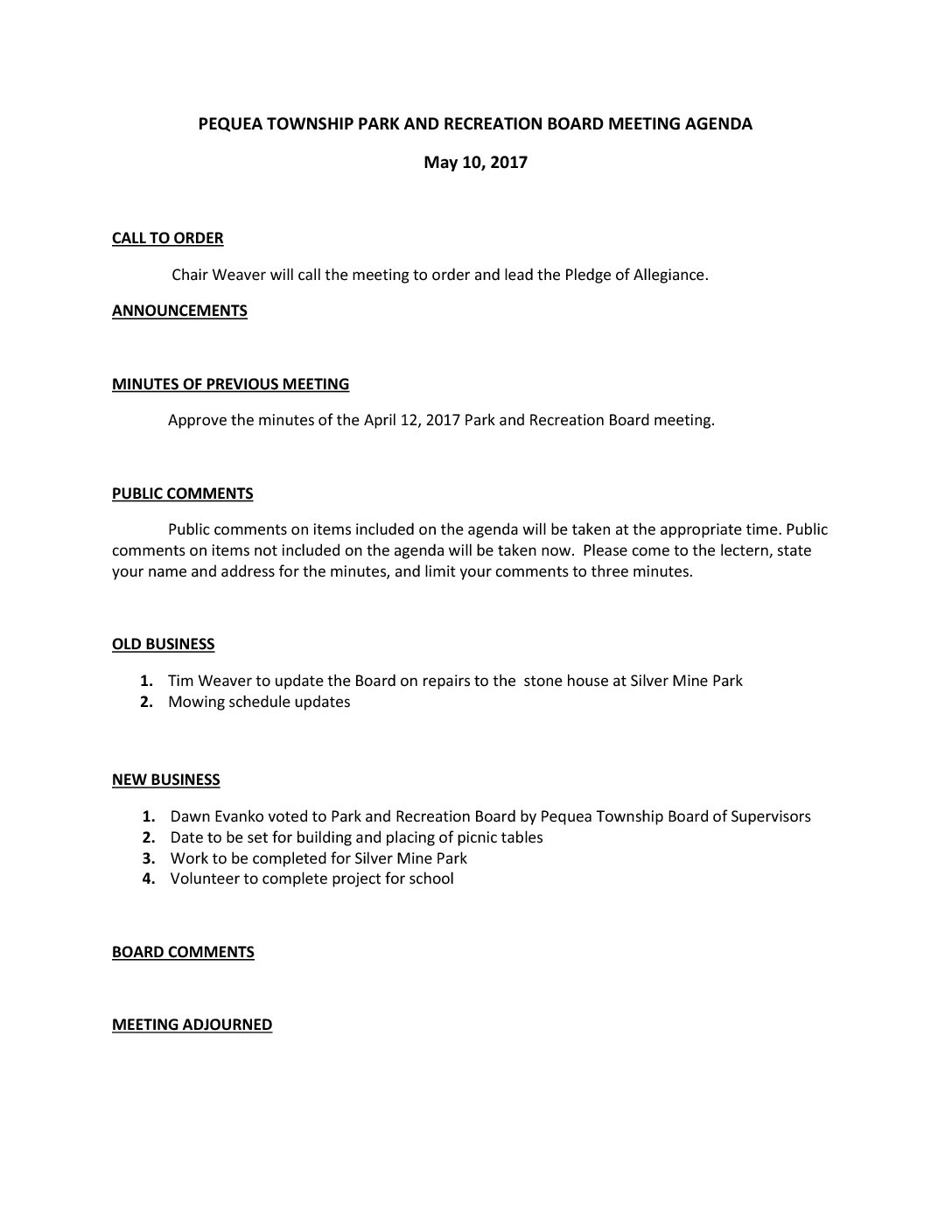 2017-05-10 PTPB Agenda - Pequea Township