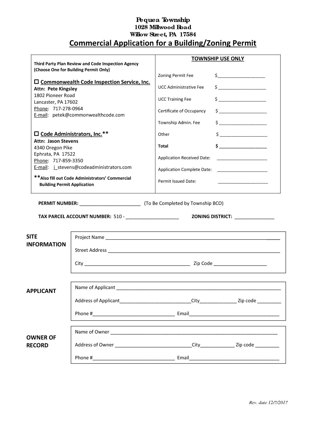 2018 Commercial Building Permit-Commonwealth Code - Pequea Township