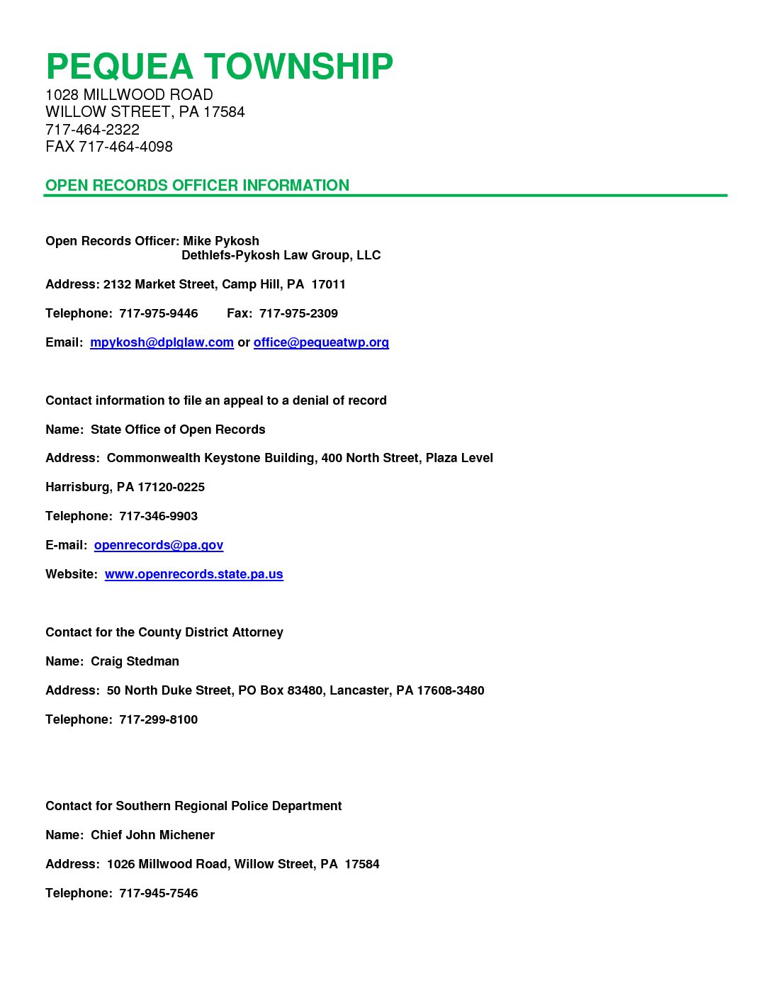 Open Records Officer Info - Pequea Township