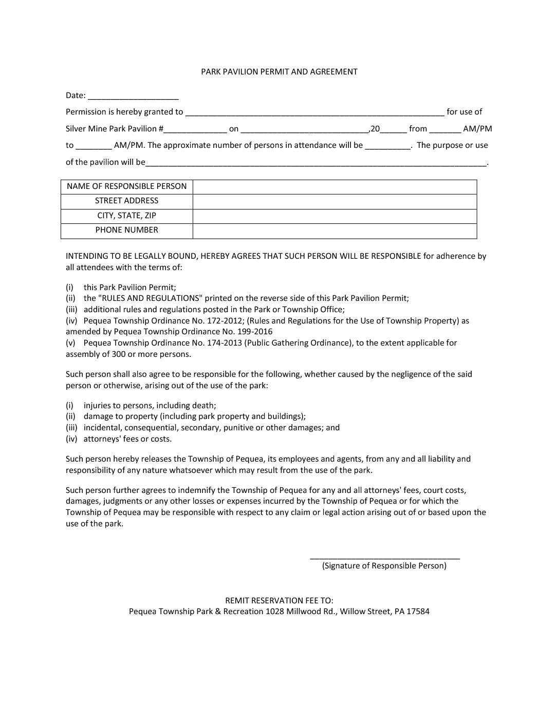 Park Pavilion Permit and Agreement - Pequea Township