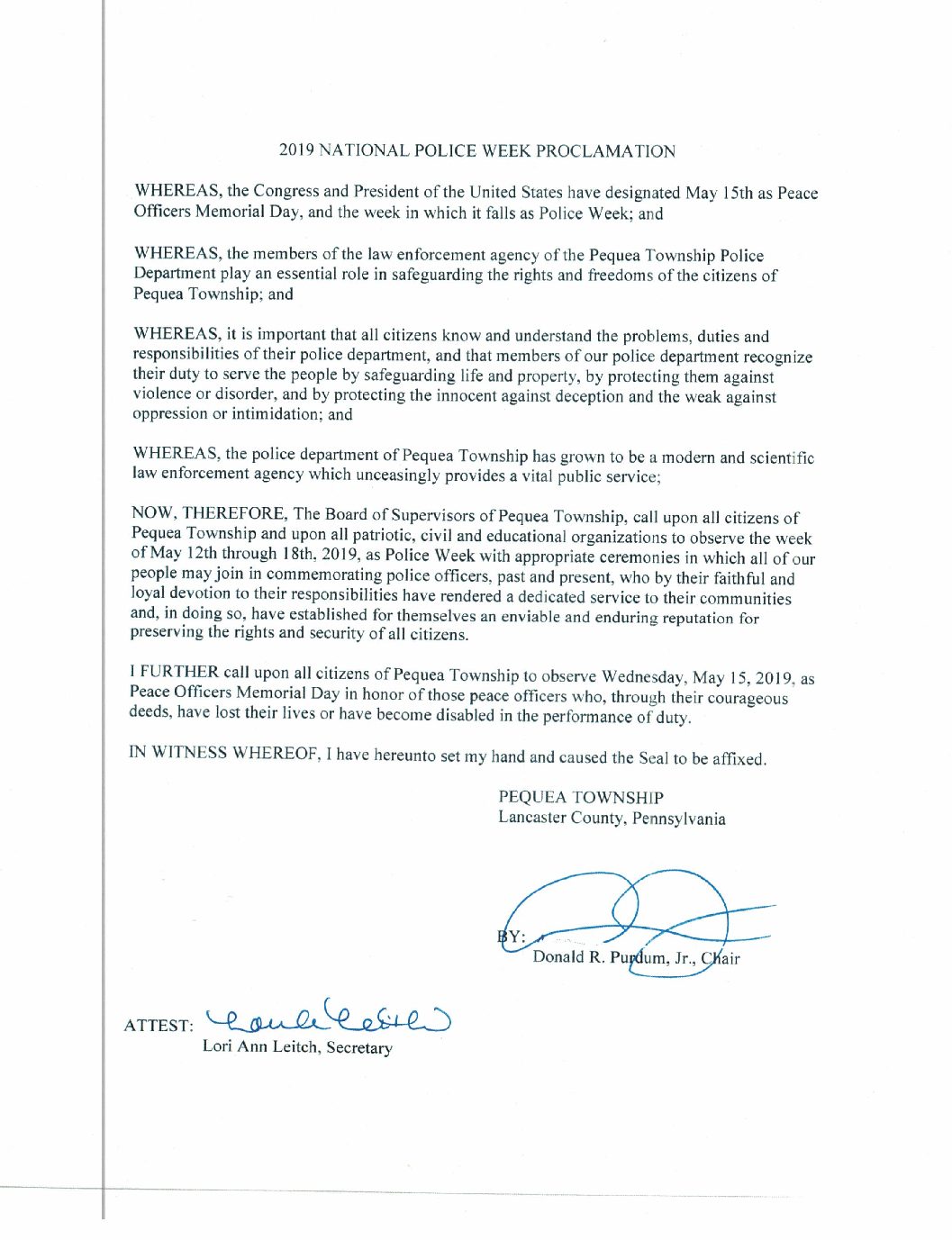 2019 National Police Week Proclamation for Pequea Township Police Dept ...