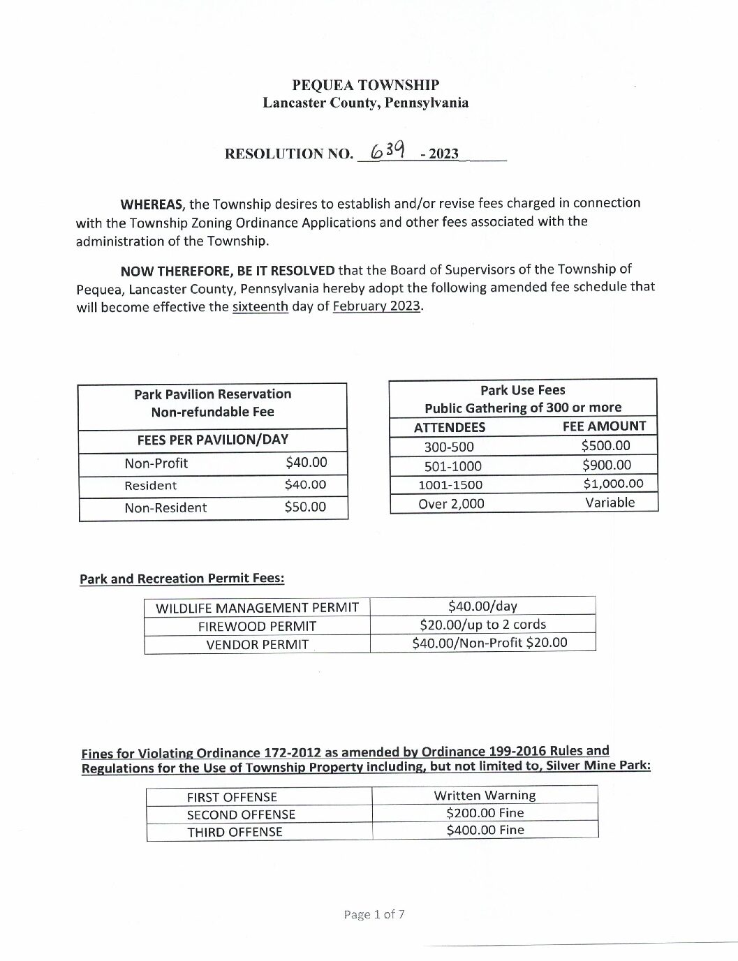 2023-02-15 639-2023 Fee Schedule Resolution - Pequea Township