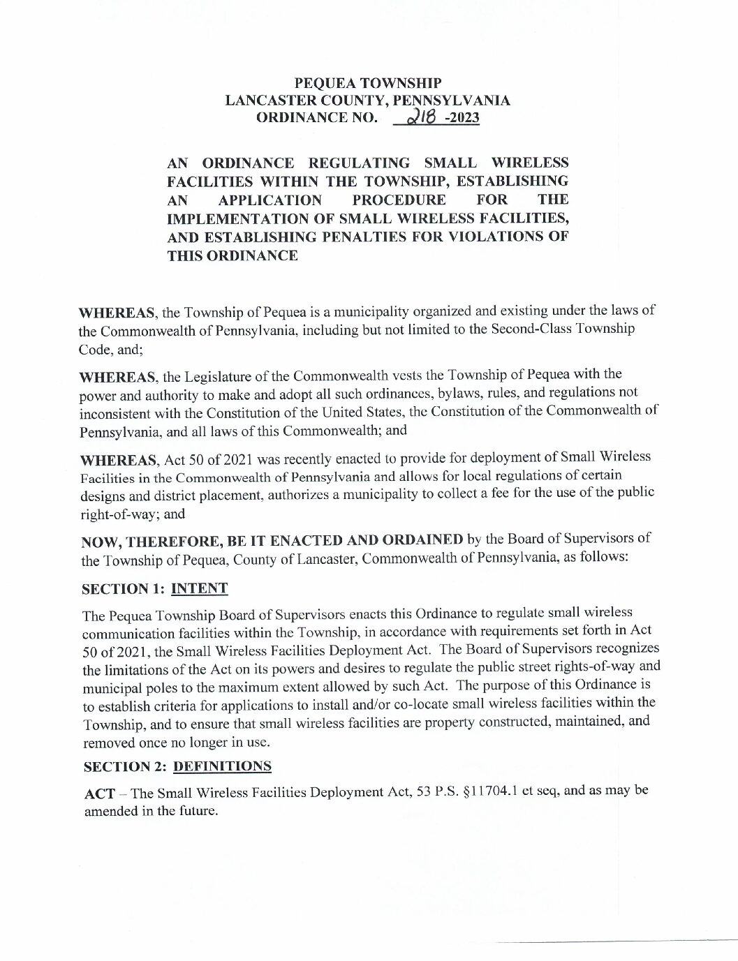 Ordinance 218-2023 Small Wireless Facilities - Pequea Township