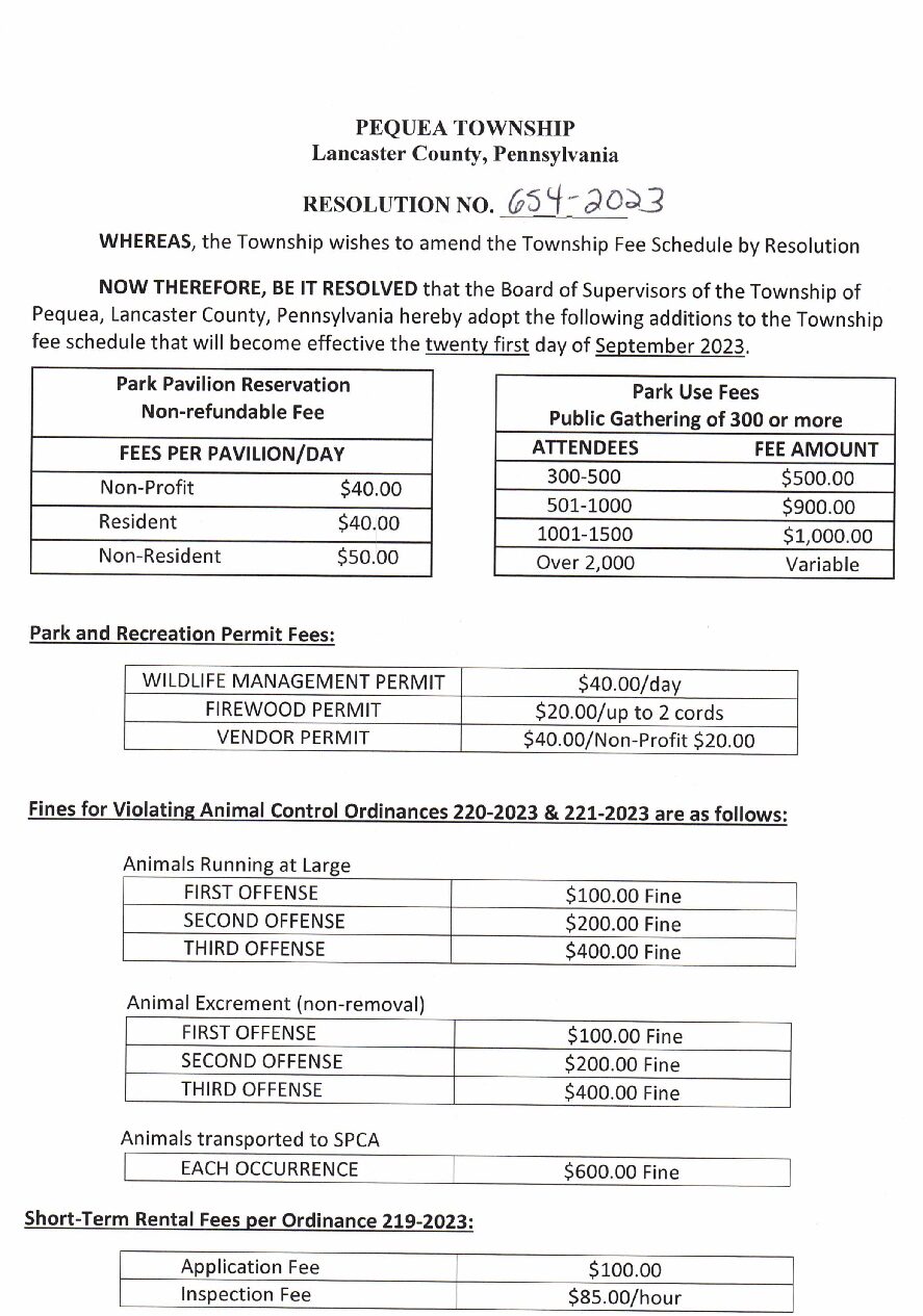 654-2023 Pequea Township Fee Schedule (amends 639-2023) - Pequea Township