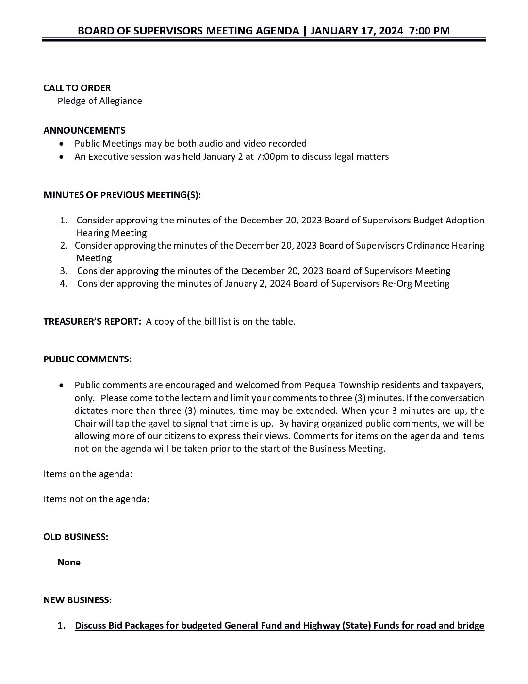2024-01-17 BOS Mtg PUB Agenda - Pequea Township
