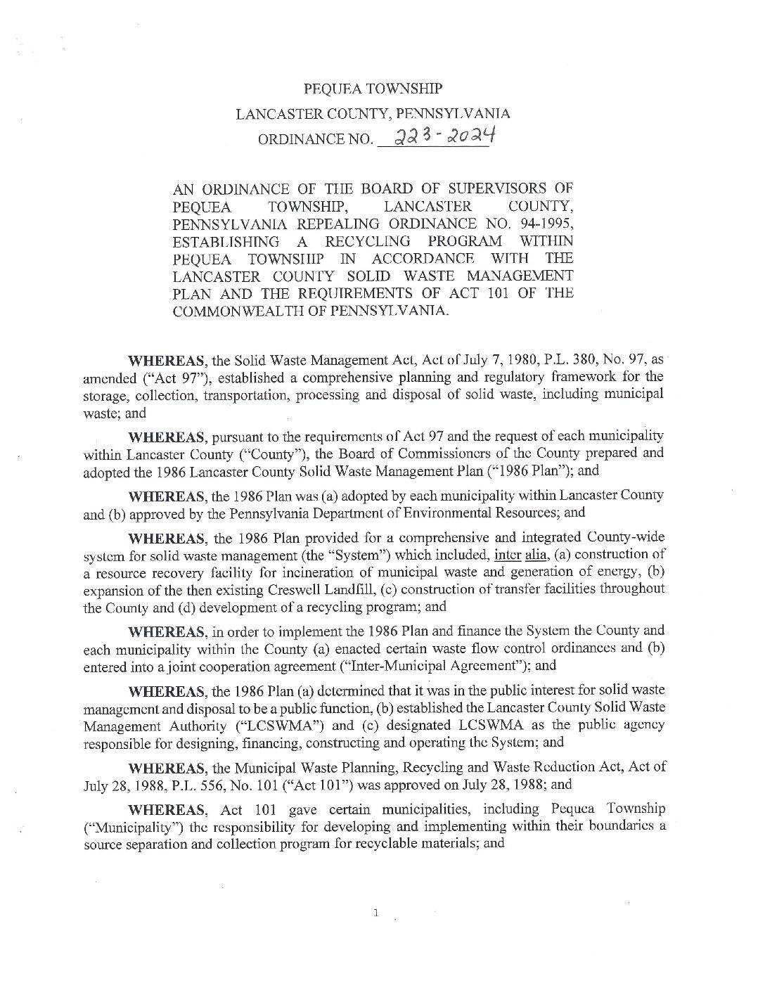 224-2024 Recyling Ordinance - Pequea Township