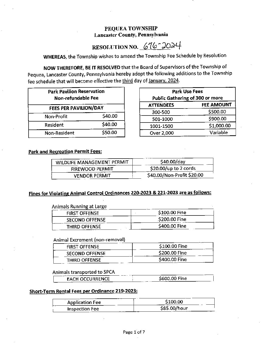 676-2024 Fee Schedule (amends 661-2023) - Pequea Township