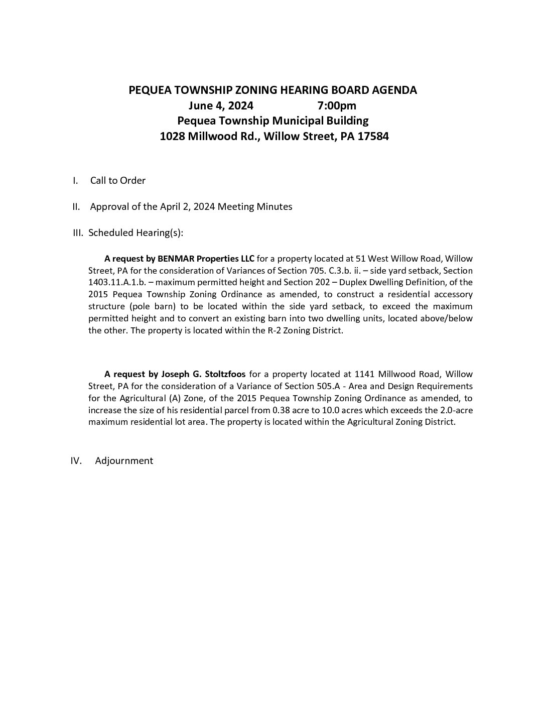 2024-06-04 ZHB Agenda - Pequea Township