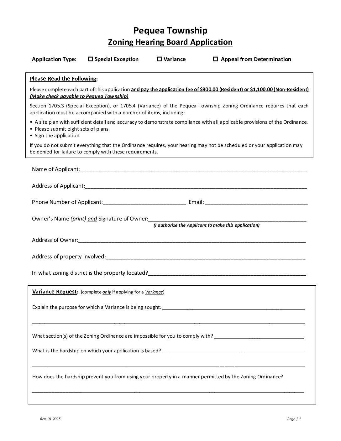 Pequea Twp. - Zoning Hearing Application (rev 01.2025) - Pequea Township